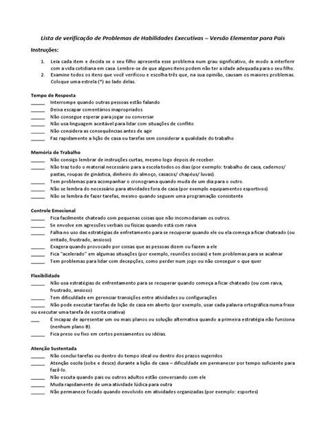 Lista De Verificação De Problemas De Habilidades Executivas Versão Elementar Para Pais Pdf