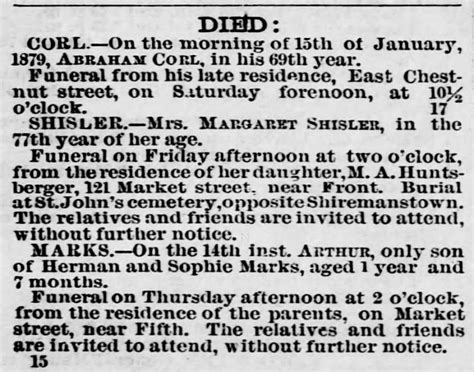 Abraham Corl 1879 Death Notice ™