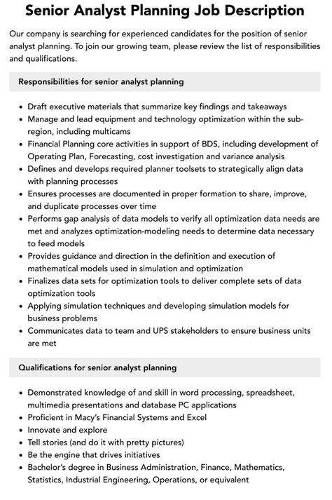 Senior Analyst Planning Job Description Velvet Jobs