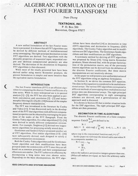 Pdf Algebraic Formulation Of The Fast Fourier Transform