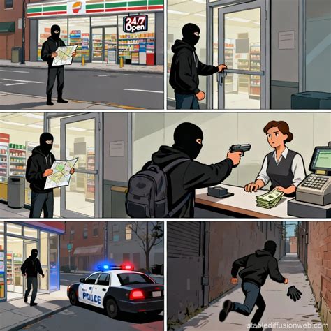Generate 6 Panels Showing A Robbery Step By Step Write A Time Line