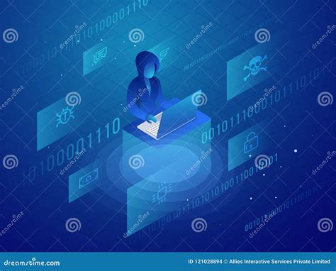 Isometric Design With Hacker Using Laptop For Personal Data Protection