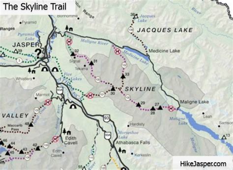 Jasper National Park Skyline Trail Hiking Map Hiking Map Maligne Lake Medicine Lake