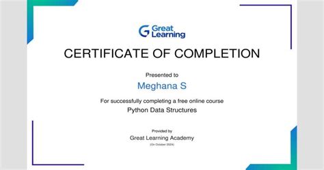 Python Data Structures Course Completion Certificate For Meghana S