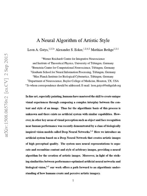 A Neural Algorithm Of Artistic Style For Ml Developers Pdf