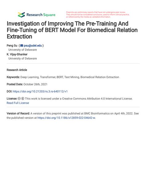 PDF Investigation Of Improving The Pre Training And Fine Tuning Of BERT Model For Biomedical