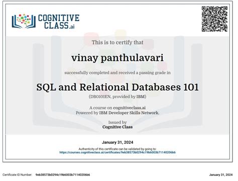 Completed Sql And Relational Databases 101 Course Vinay