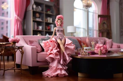 Premium Ai Image Barbie Doll Sitting On A Pink Couch In The Style Of Luxurious Textures Ai