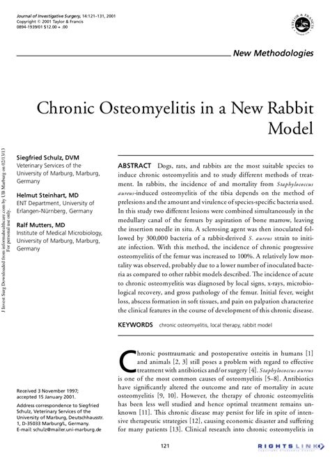 Pdf Chronic Osteomyelitis In A New Rabbit Model