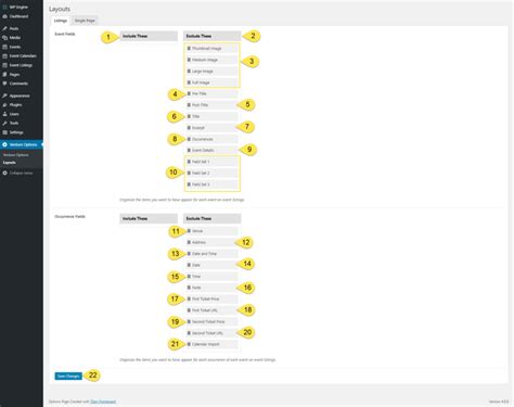 default event lists layout settings panel venture event manager