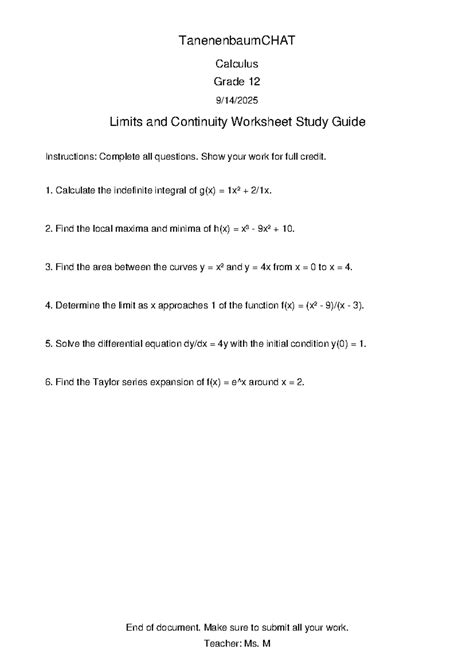 Grade 12 Calculus Worksheet Limits And Continuity Study Guide Studocu