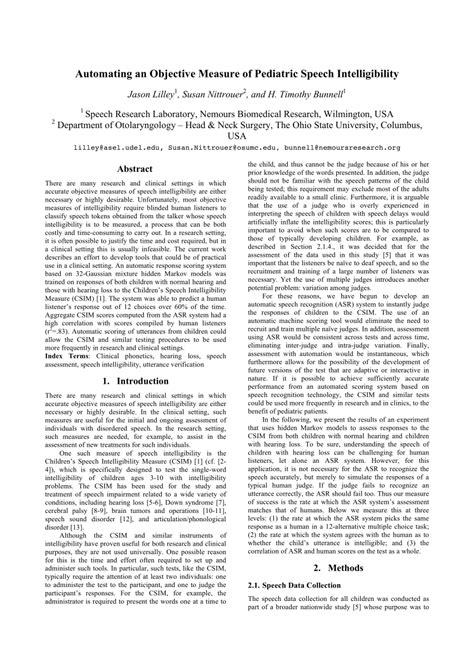 Pdf Automating An Objective Measure Of Pediatric Speech Intelligibility