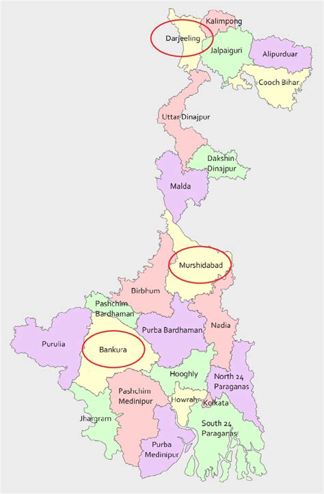 District Map Of West Bengal State India Highlighting Districts Of