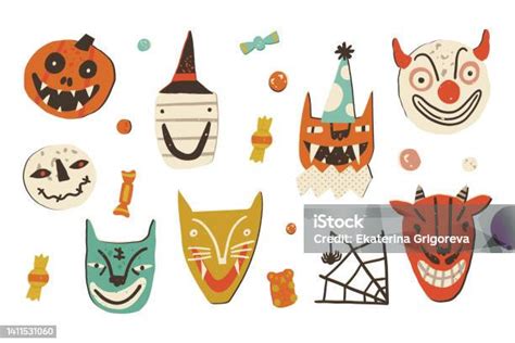 레트로 할로윈 벡터 클립 아트 세트 손으로 그린 무시무시한 호박 캐릭터 미라 좀비 및 이상한 고양이 무서운 광대 언데드 생물 뿔이있는 악령 또는 악마 거미와 그의 웹 과자