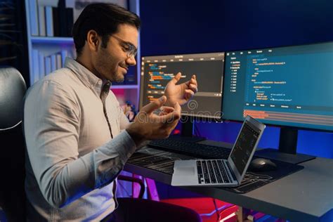 Serious Smart It Developer Meeting Via Application Team Record Laptop