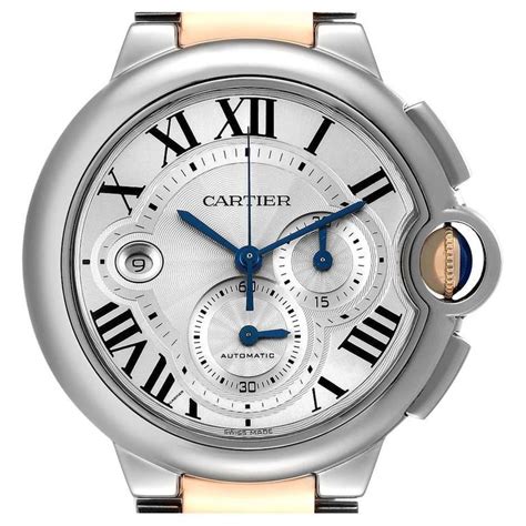 Cartier Ballon Bleu Chronograph Steel Rose Gold Silver Dial Mens Watch