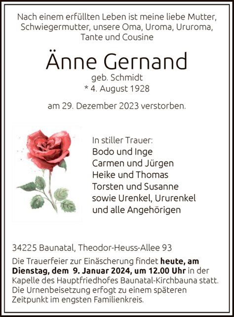 Traueranzeigen Von Änne Gernand Trauerhnade