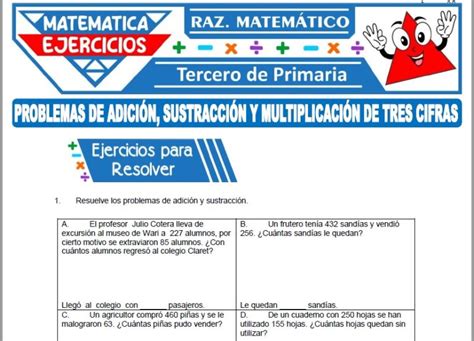 Ejercicios De Problemas De Adición Sustracción Y Multiplicación De