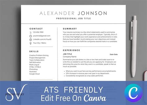 Modern Minimalist Resume Template Resumes Templates Ats 1 Page