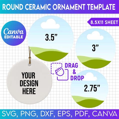 Round Ceramic Ornament Template Bundle Sublimation Template T Tag Template Canva Edit