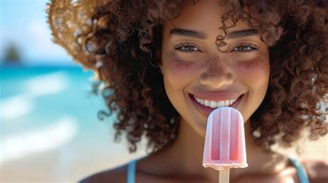 Woman Holding Popsicle In Front Of Face Premium Ai Generated Image