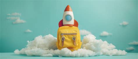 A Yellow School Backpack With A Rocket Attached Is Floating On A Cloud In A Bright Blue Sky