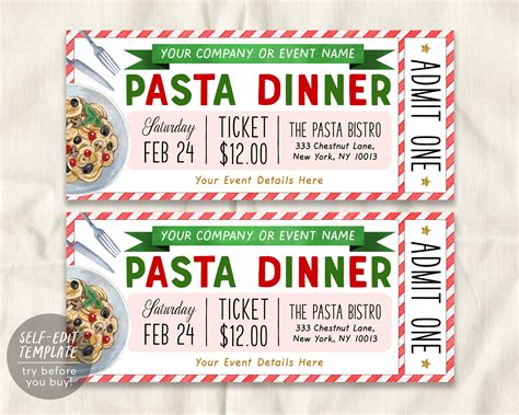 Pasta Dinner Event Ticket Editable Template Spaghetti Dinner Coupon