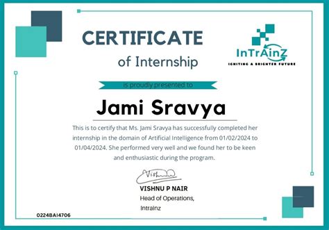 Intrainz Internshipcertificates Artificialintelligence Jami Sravya