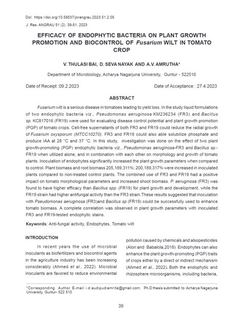 Pdf View Of Efficacy Of Endophytic Bacteria On Plant Growth Promotion And Biocontrol Of
