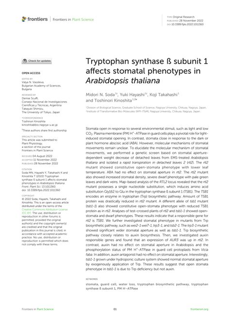 Pdf Tryptophan Synthase ß Subunit 1 Affects Stomatal Phenotypes In Arabidopsis Thaliana