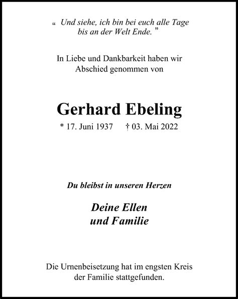 Traueranzeigen Von Gerhard Ebeling Trauer In Nrwde