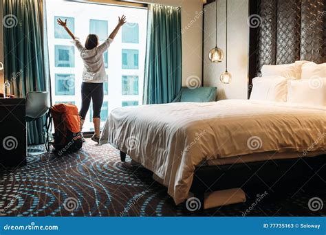 Backpacker Traveller Happy To Stay Hotel Stock Image Image Of Female