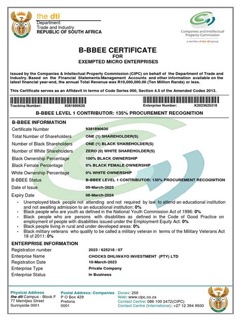 B Bbee Certificate For Exempted Micro Enterprise With 100 Black Ownership And Level 1