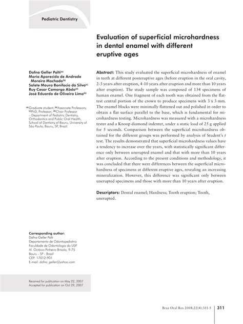 Pdf Evaluation Of Superficial Microhardness In Dental Enamel With Different Eruptive Ages