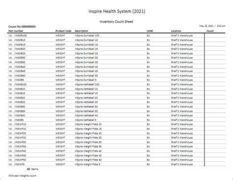 Inventory Count Sheet