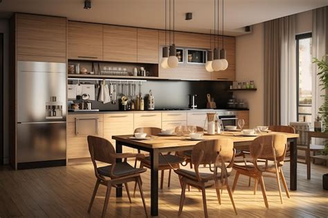 Cute Modern Kitchen Interior With Furniture Table Premium Ai