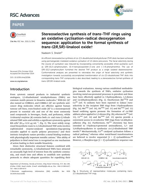 Pdf Cheminform Abstract Stereoselective Synthesis Of Trans Thf Rings Using An Oxidative