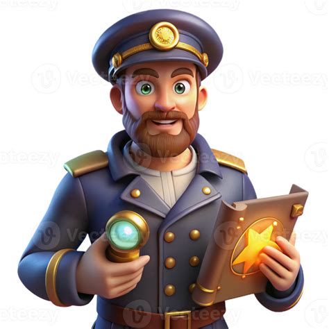 Dramatic Rustic 3d Cartoon Captain With A Book And A Flashlight High