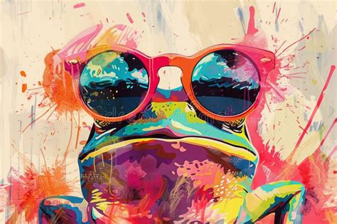 Colorful Frog Wearing Sunglasses With An Eye Patch On Its Face Stock