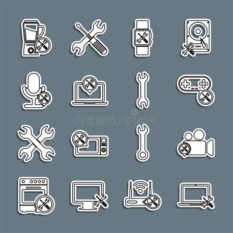 Set Line Laptop Service Video Camera Gamepad Smartwatch Microphone Blender And Wrench Icon