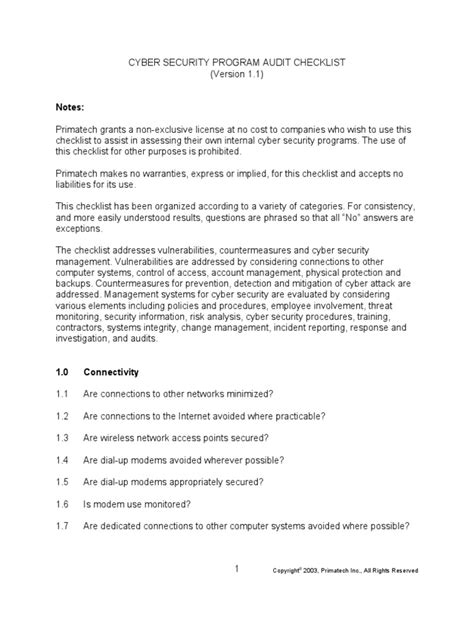 paper cyber security program audit checklist pdf security