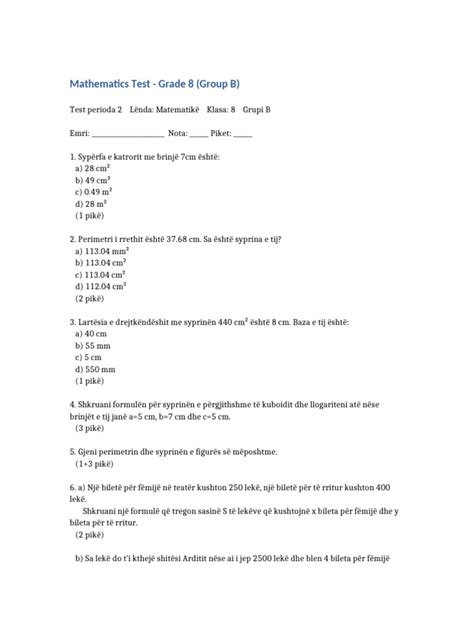 Mathematics Test Grade 8 Pdf