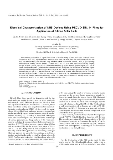 Pdf Electrical Characterization Of Mis Devices Using Pecvd Sin X H Films For Application Of