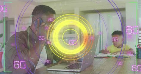 animation of scan scope over african american father and son using