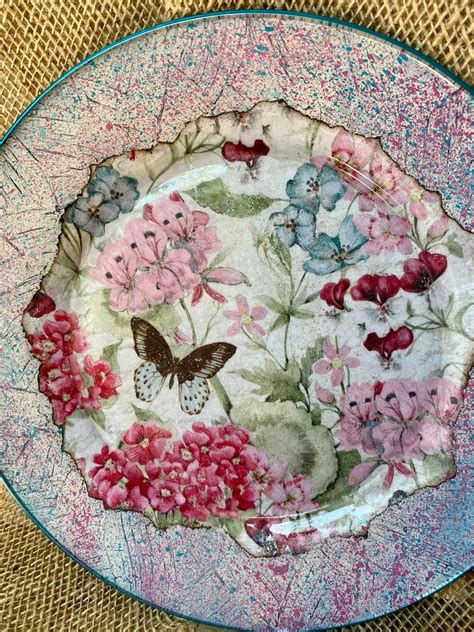 Hydrangeas Glass Plate Butterfly Dinner Plate Decoupaged Plate Table