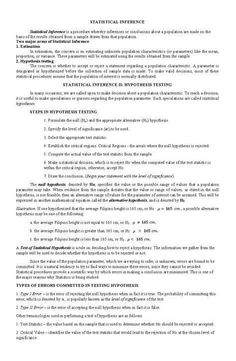 Hypothesis Testing Statistics Statistical Inference Statistical Inference Is A Procedure