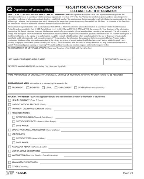 Va Form 10 5345 Request For And Authorization To Release Health