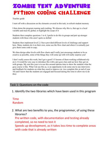 Gcse Igcse Ib Python Coding Activity Zombie Escape Text Adventure