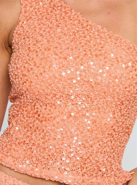 Zaraya Sequin One Shoulder Top Orange Princess Polly