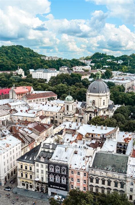 Aerial View Of Lviv Old Town With The Church Of The Holy Eucharist